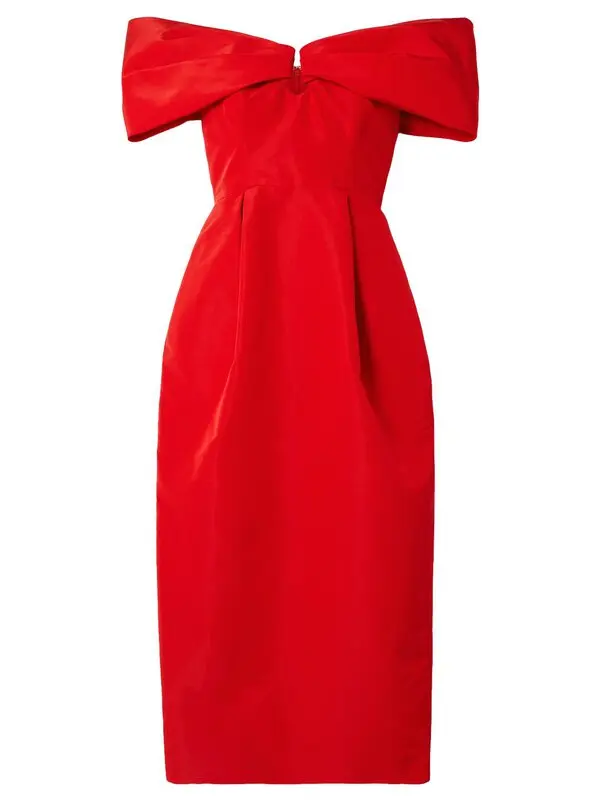 Carolina Herrera Off-the-shoulder Pleated Silk-faille Midi Dress - Red