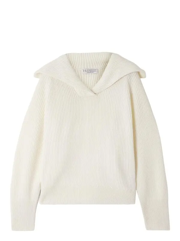 Brunello Cucinelli Ribbed Wool, Cashmere, And Silk-blend Sweater - Neutrals