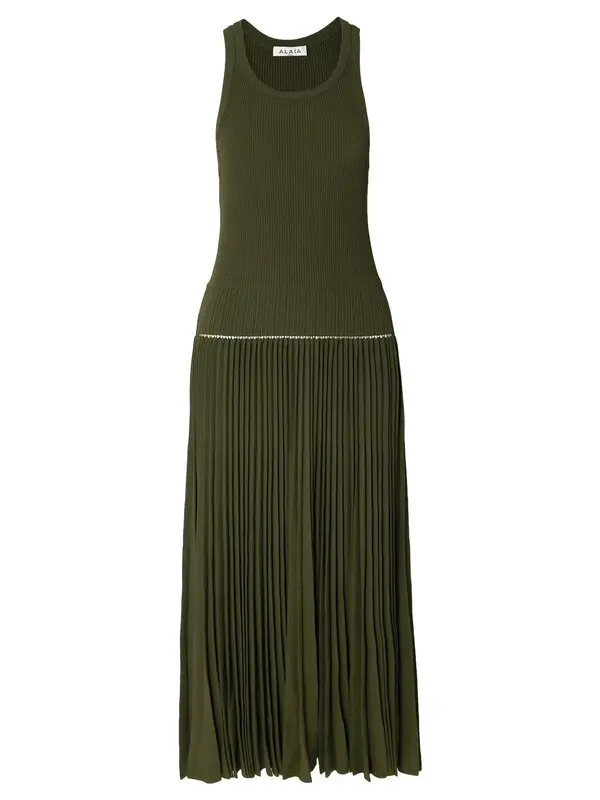 Alaïa Pleated Pointelle-trimmed Ribbed-knit Midi Dress - Green