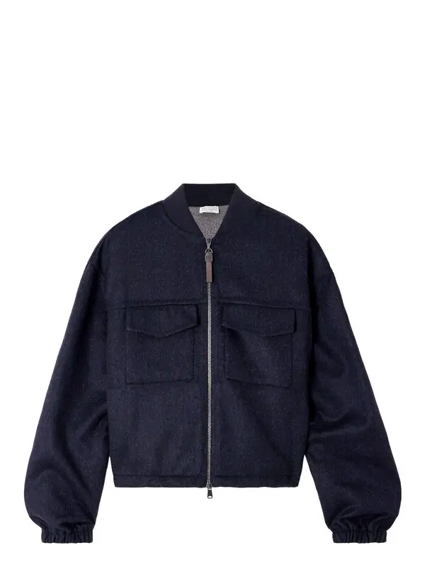 Brunello Cucinelli Bead-embellished Leather-trimmed Wool Bomber Jacket - Blue