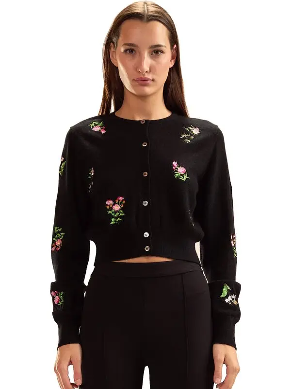 Cynthia Rowley Floral Embroidered Cashmere Cardigan - Black