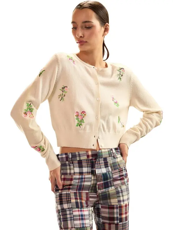 Cynthia Rowley Floral Embroidered Cashmere Cardigan - White