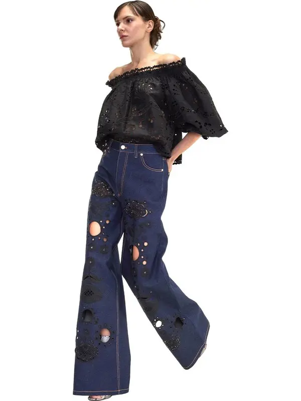 Cynthia Rowley Embroidered Wide Leg Jeans - Denim