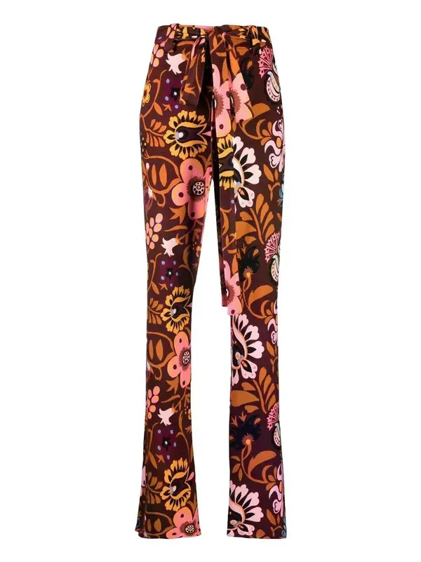 La DoubleJ Floral Belted Flared Trousers - Red