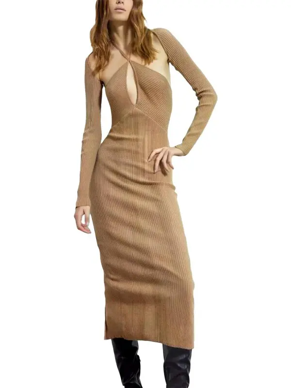 AKEP Cut-out Ribbed Midi Dress - Brown