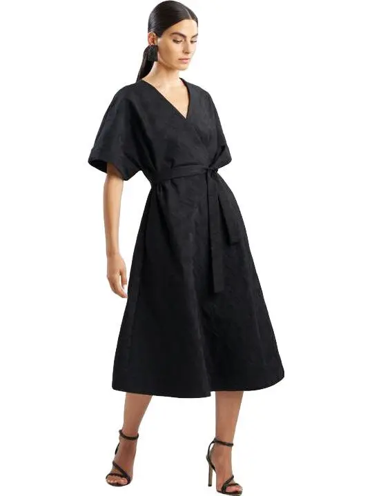Natori Geo Texture Jacquard Kimono Wrap Dress - Black