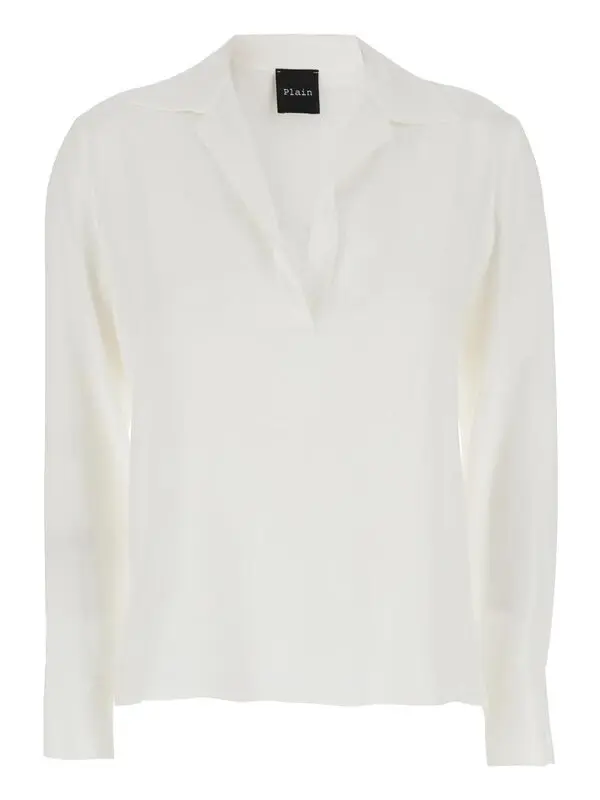 PLAIN Blouse With Polo Collar - White