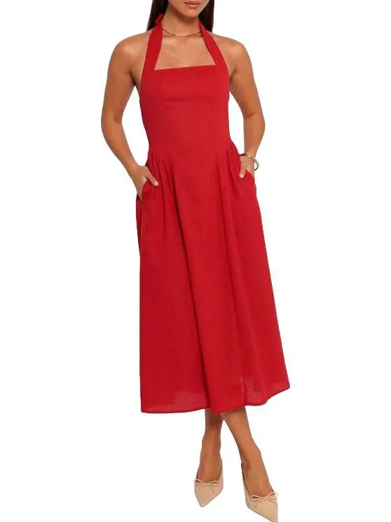 PETAL & PUP Linen Halter Midi Dress - Red