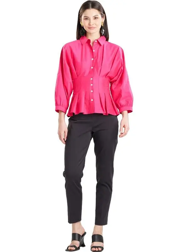 Natori Cotton Silk Slub Pleated Shirt - Pink
