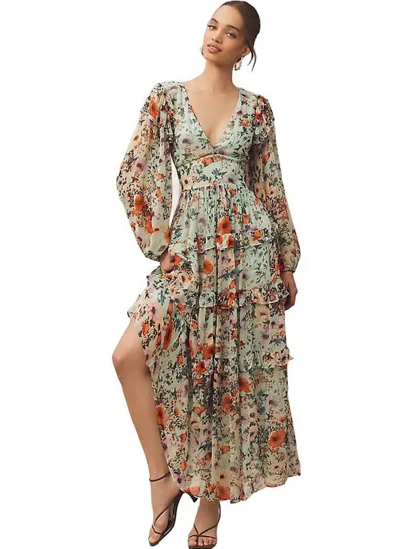 Bhldn Floral Chiffon Plunge Long-sleeve Ruffle Maxi Dress - Mint