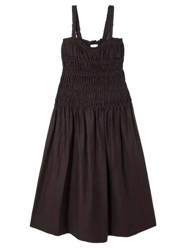 Tory Burch Ruffled Shirred Lyocell-blend Voile Midi Dress - Brown