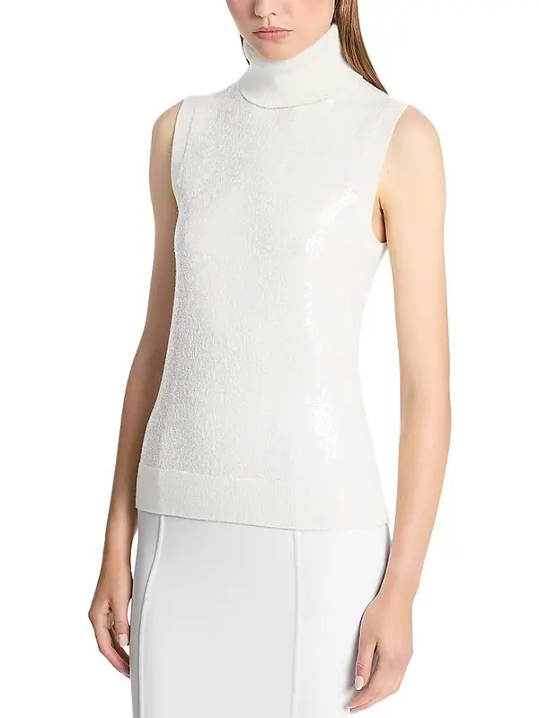Michael Kors Embroidered Sequin Cashmere Sleeveless Turtleneck Sweater - Ivory
