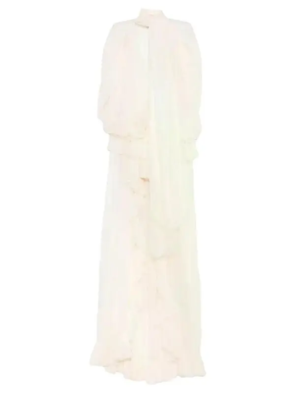 Blumarine Pleated Ruffled Asymmetric Day Dress - Neutrals