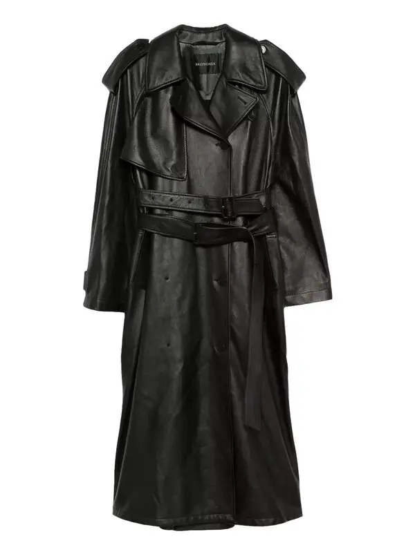 Balenciaga Belted Leather Trench Coat - Black