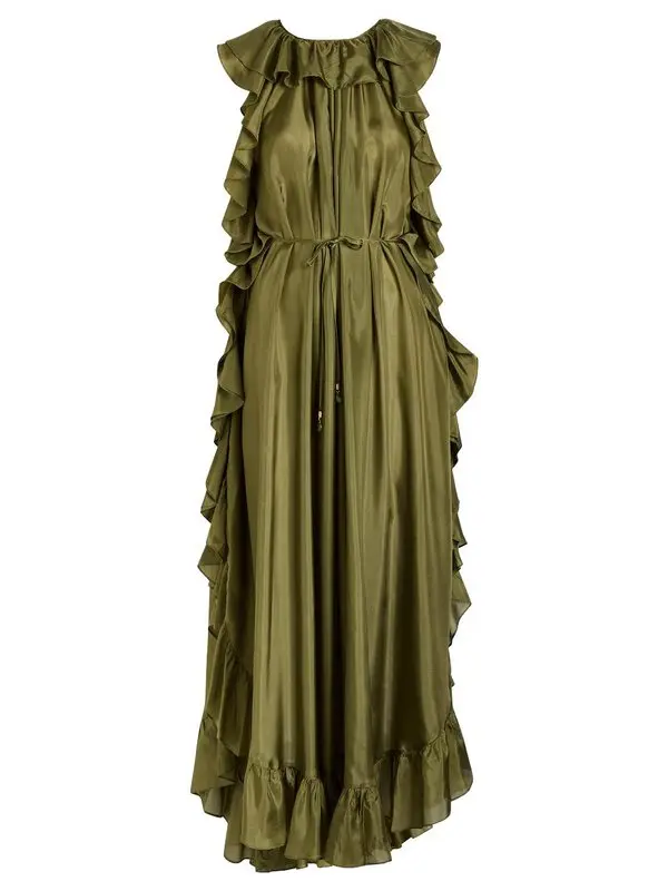 Zimmermann Cascadian Ruffled Silk Maxi Dress - Olive