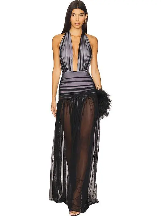 Norma Kamali Halter Shirred Gown - Black & Snow White