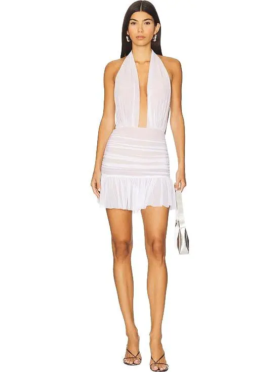 Norma Kamali Ruffle Halter Mini Dress - Snow White & Nude
