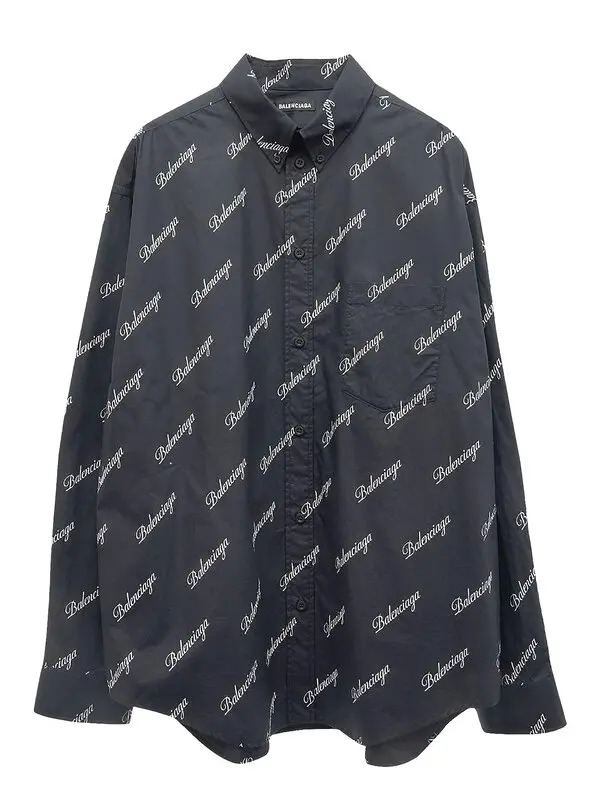 Balenciaga All Over Logo Button Down Shirt - Black