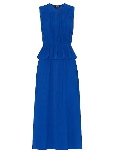 Whistles V-neck Shirred Sleeveless Woven Midi Dress - Cobalt Blue