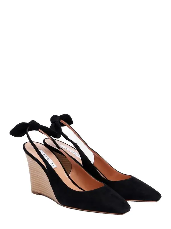 AQUAZZURA Very Bow Tie 85 Suede Wedges - Black