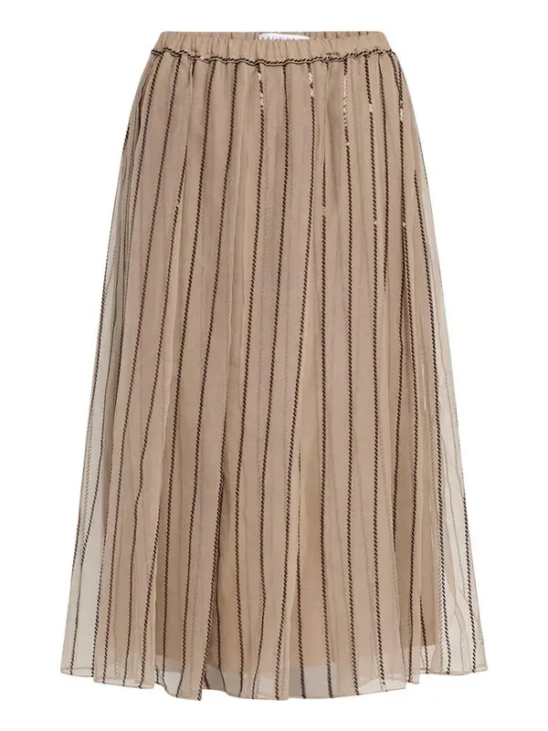 Brunello Cucinelli Regimental Paillette Crispy Silk Chiffon Midi Skirt - C8909 Rope