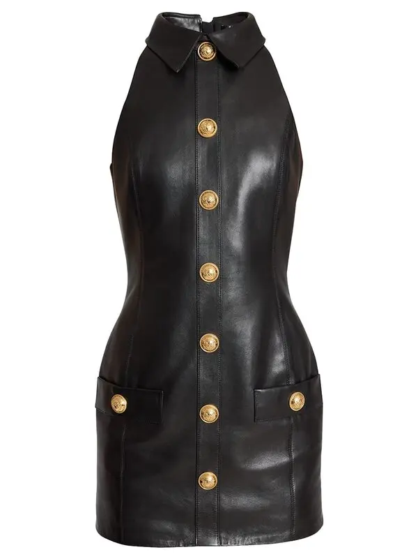 Balmain Buttoned Lambskin Leather Bodycon Mini Dress - Black