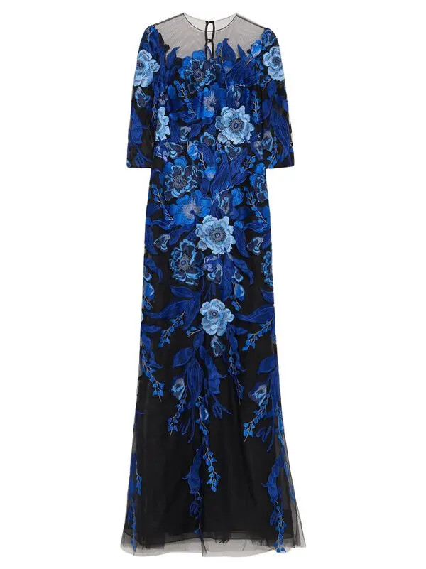 Rickie Freeman For Teri Jon Floral Embroidered Tulle Gown - Blue Multi