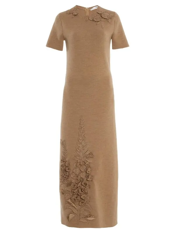 Oscar De La Renta Foxglove-embroidered Wool Midi Sweater Dress - Brown