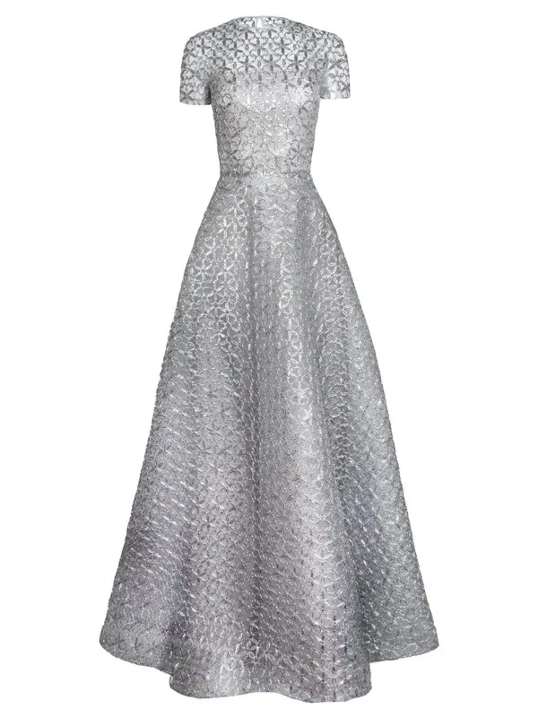 Naeem Khan Metallic Raffia Short Sleeve Gown - Silver
