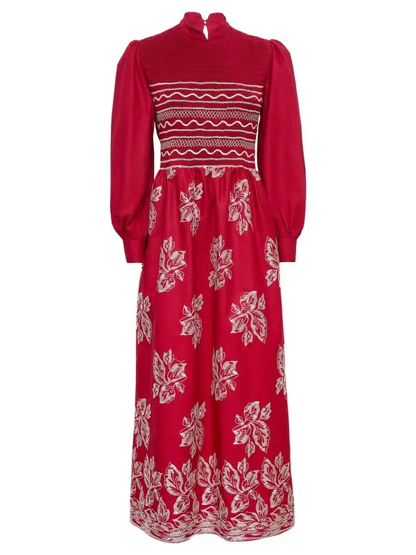Loretta Caponi Lea Embroidered Cotton Dress - Red