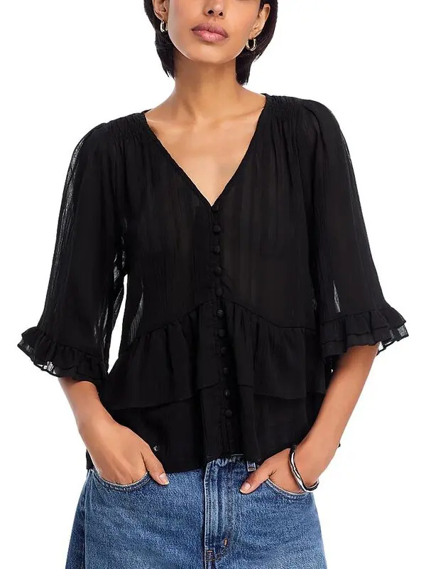 Aqua Ruffle Shadow Stripe Top - Black