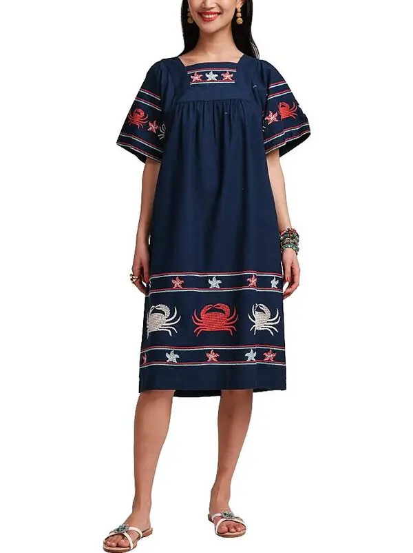 FRANCES VALENTINE Picnic Crab Embroidery Dress - Navy/multi