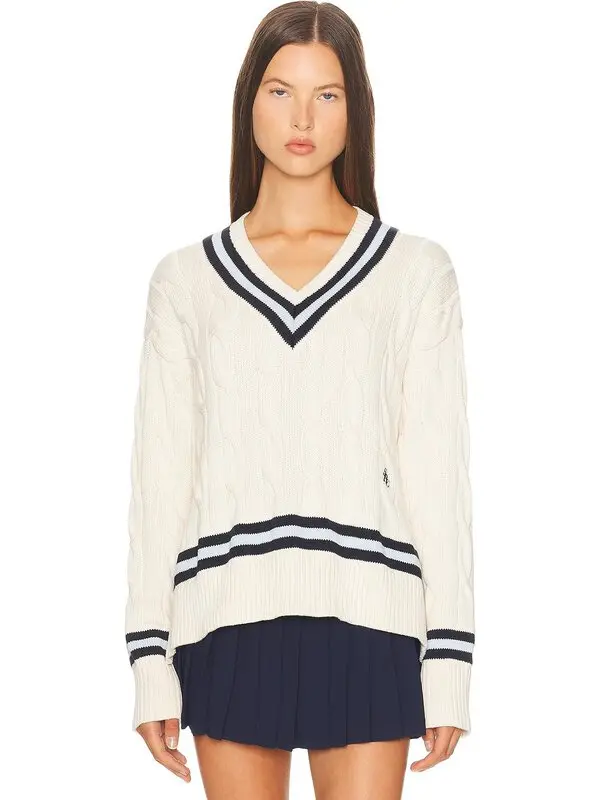 SPORTY & RICH Cableknit V Neck Sweater - Ecru  Dark Navy  & Ciel