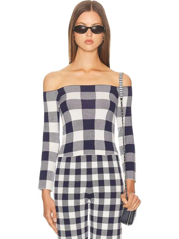 SEROYA Vale Off-shoulder Top - Bold Navy Gingham