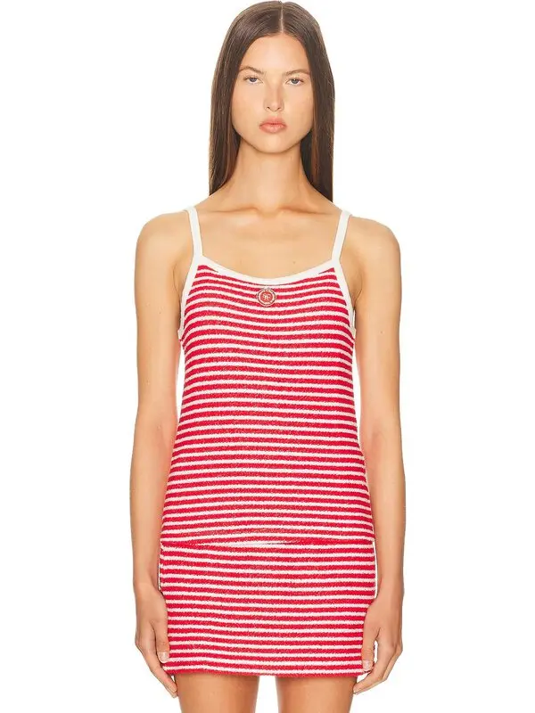 SPORTY & RICH Serif Logo Striped Terry Tank Top - Fire Red Stripes