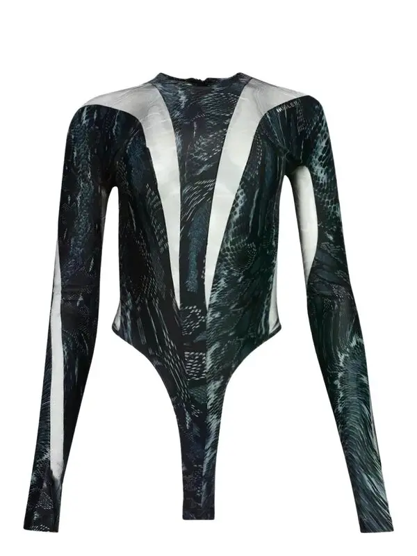 MUGLER Snake-print Mesh Bodysuit - Black