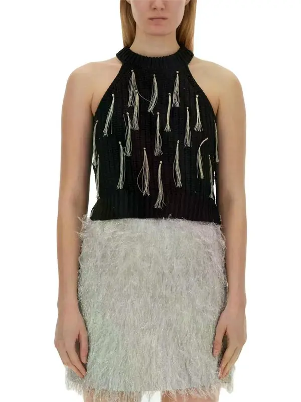 ALYSI Halter-neck Tassel Top - Black