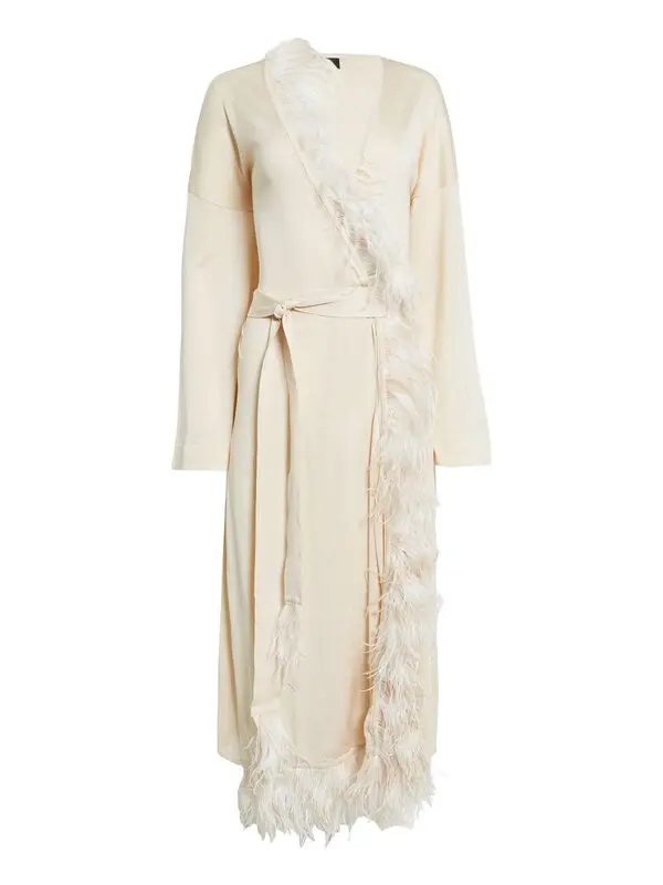Alanui Faux Feathertrimmed Belted Silk Cardigan - Cream