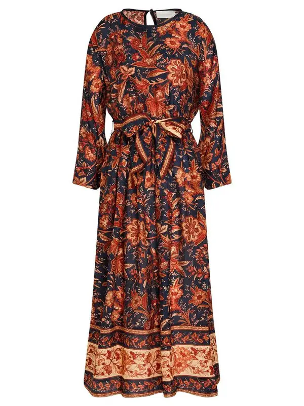 Zimmermann Belted Floral-print Silk Habotai Midi Dress - Navy