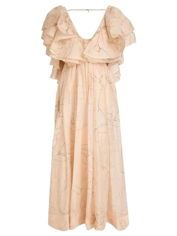 Zimmermann Ruffled Printed Linen And Silk-blend Gauze Gown - Cream