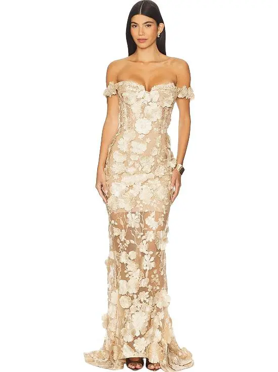 BRONX AND BRONCO Jasmine Off The Shoulder Gown - Gold