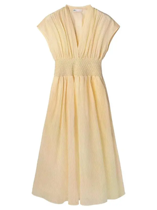 Tory Burch Striped V-neck Smocked Midi Day Dress - Neutrals