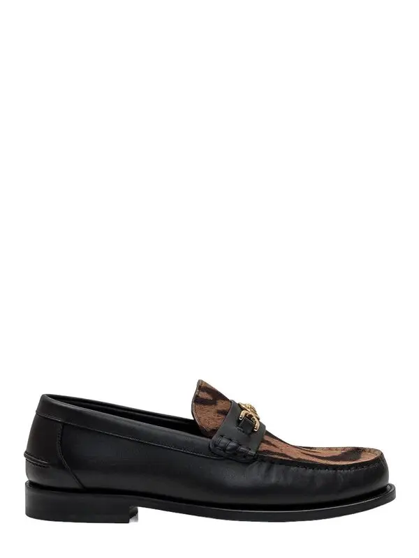 Versace Leather Loafers With Animal Print Insert - Black