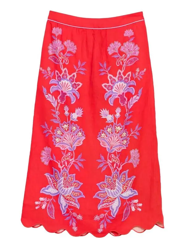 Farm Rio Porcelain Garden Embroidered Scallop-hem Midi Skirt - Red