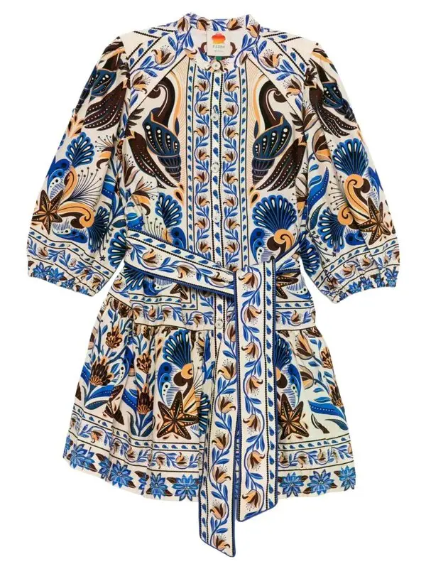Farm Rio Printed Belted Mini Shirtdress - Blue