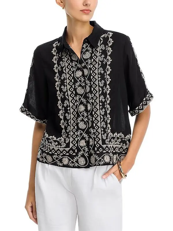 Johnny Was Embroidered Kimono Sleeve Top - Black