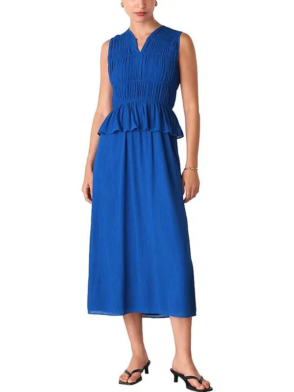 Whistles Petite Shirred V Neck Midi Dress - Cobalt Blue