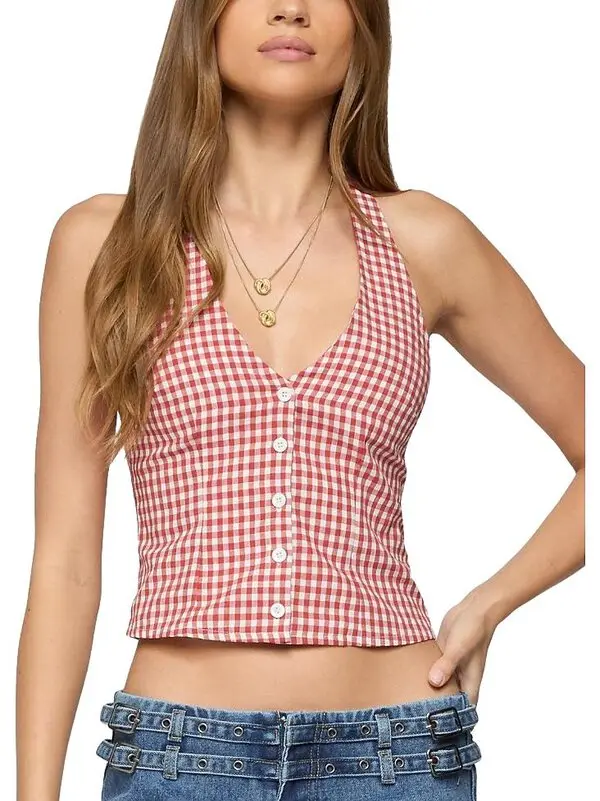 EDIKTED Halter Neck Gingham Button-up Top - Red
