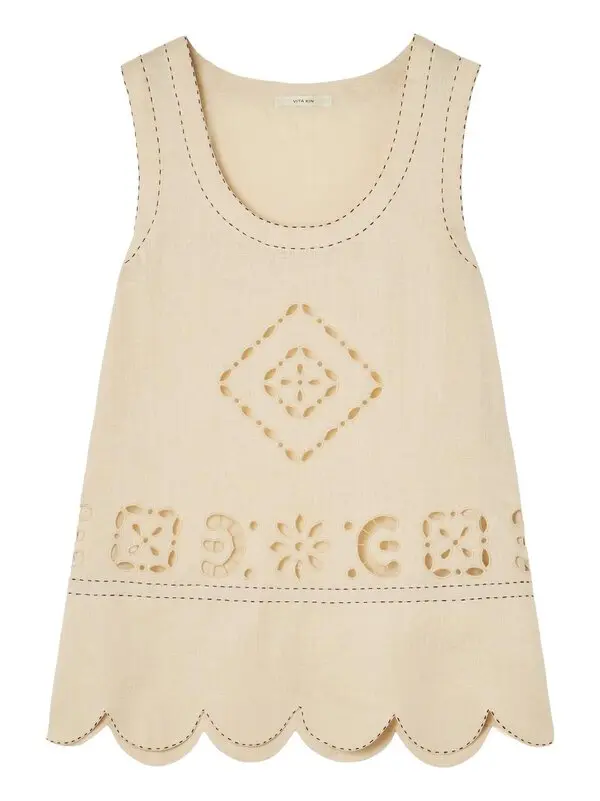 Vita Kin Topstitched Broderie Anglaise Linen Tank - Neutrals