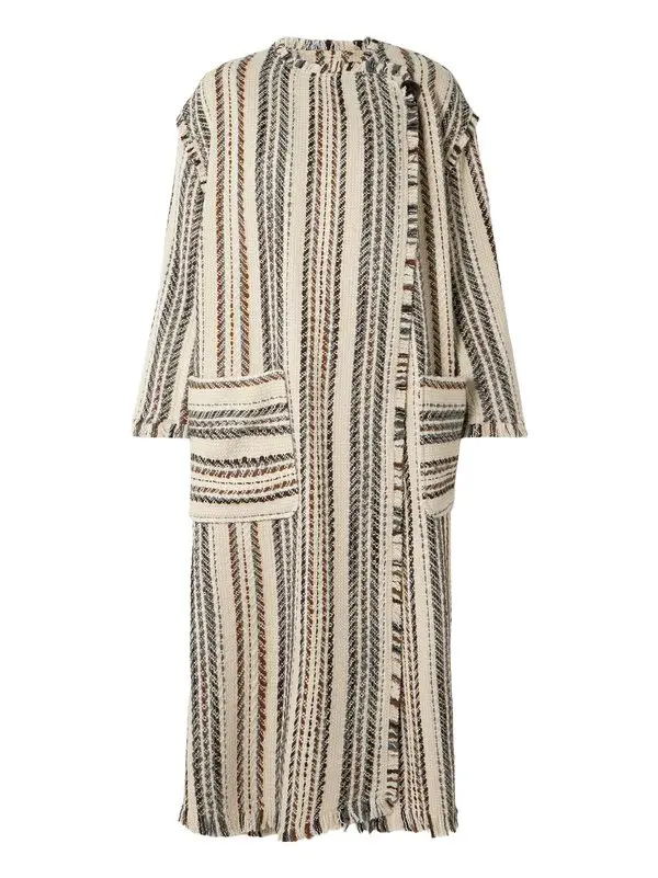MARANT ETOILE Striped Tweed Coat With Frayed Edges - Neutrals